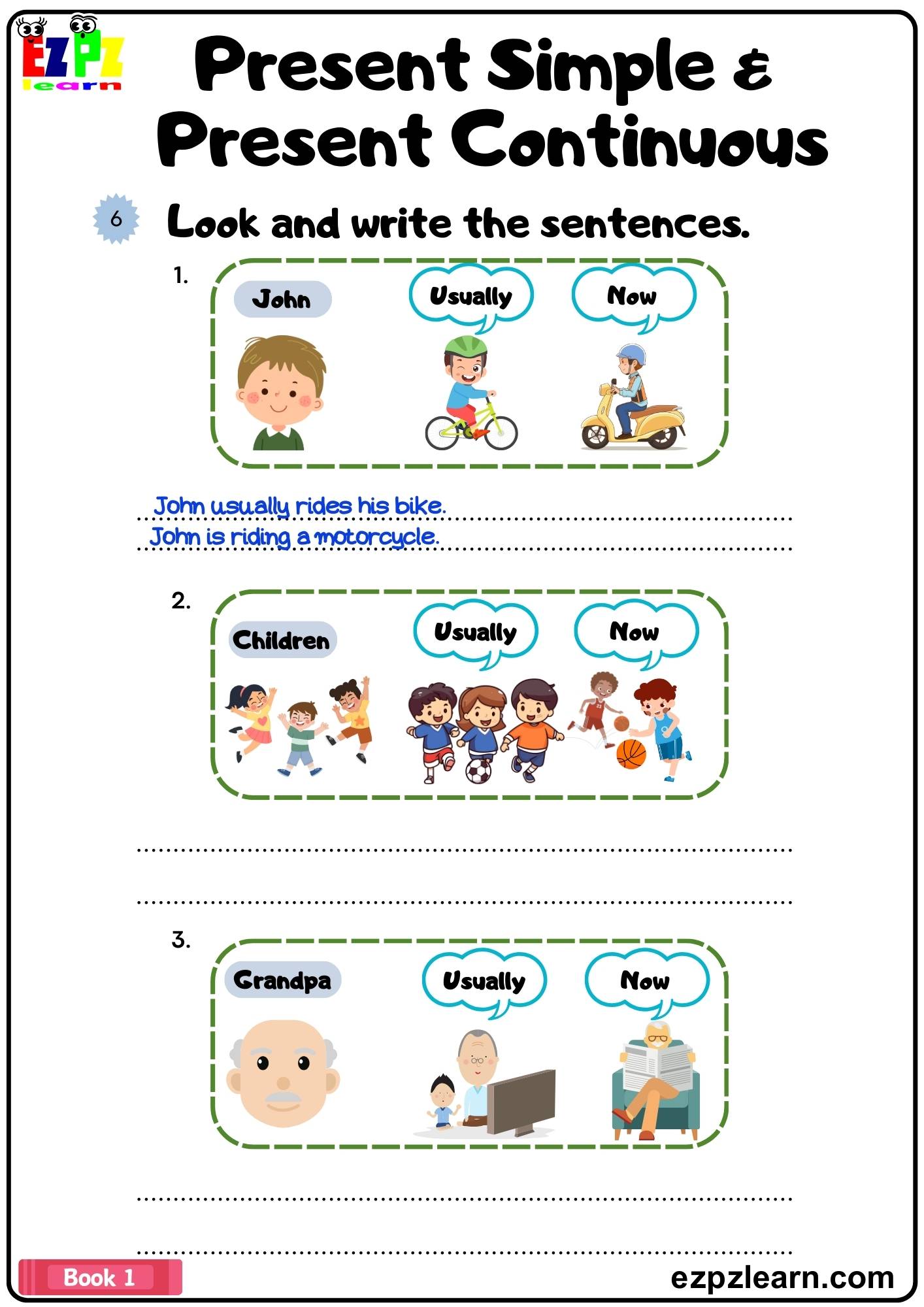 Present Simple and Present Continuous Grammar Worksheet Look at the Images and Write the ...